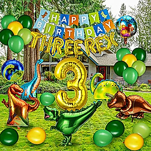 Dinosaur Birthday Party Decorations Supplies, 3 Years Old Boy Birthday Celebration Set Dinosaur Party Balloon Birthday Banner Dino Themed for Kid's Birthday Party, Gold Green