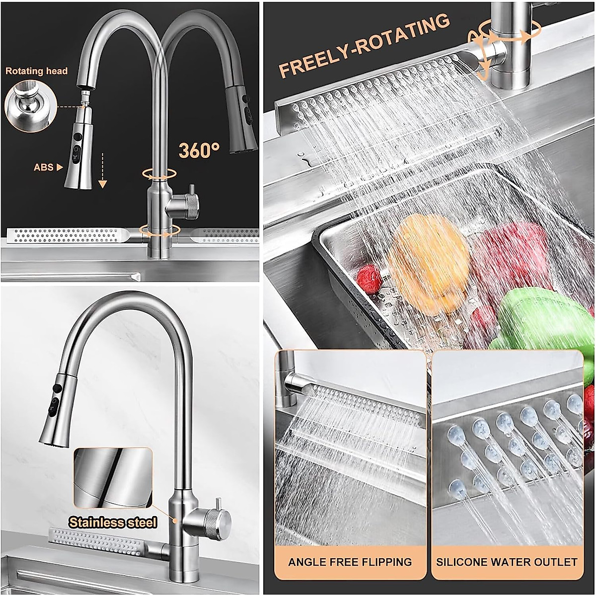 304 Stainless Steel High Arc Brushed Nickel Kitchen Faucet,Silicone Waterfall Outlet Kitchen Sink Faucets,Kitchen Faucet with Pull-Out Down Sprayer,with Deck Single Handle Sink Faucets