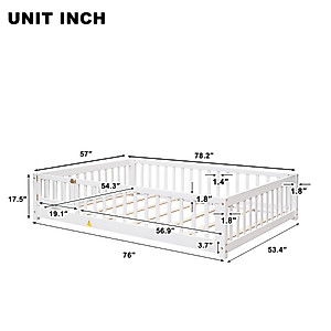 UOCFYK Full Size Floor Bed with Fence and Door for Kids Bedroom,Montessori Wood Floor Bedframe for Boys, Girls,Easy to Assemble,No Box Spring Needed,White