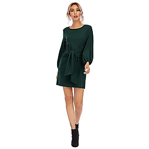 R.Vivimos Women's Autumn Winter Cotton Long Sleeves Elegant Knitted Bodycon Tie Waist Sweater Pencil Dress (Large, Dark Green)