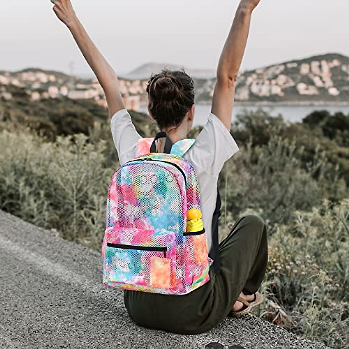 LEDAOU Mesh Backpack for Kids Girls Semi-Transparent Mesh School Backpack Bookbag Lightweight Casual Daypacks for Beach Gym Travel (Tie Dye Orange)