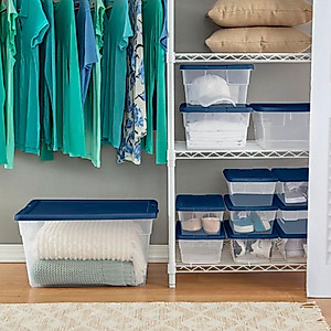Sterilite Stackable 56 Quart Clear Home Storage Box with Handles and Marine Blue Lid for Efficient, Space Saving Storage and Organization (8 Pack)