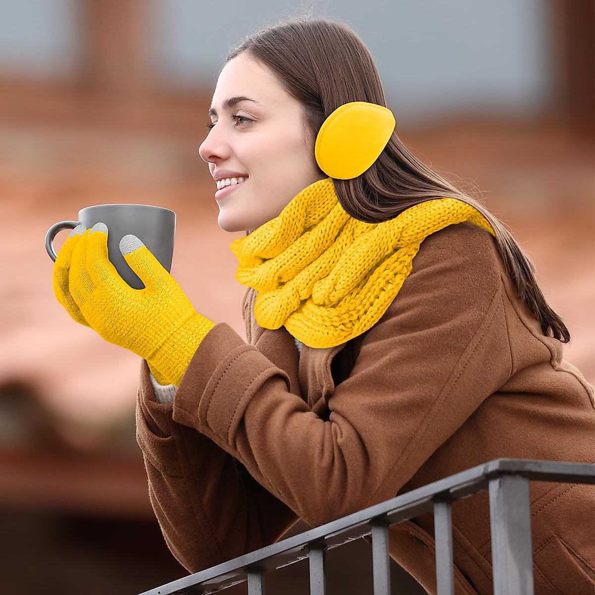 URATOT Winter Warm Sets Knitted Scarf Beanie Pompom Hat Touch Screen Gloves and Winter Ear Warmer Set for Men or Women