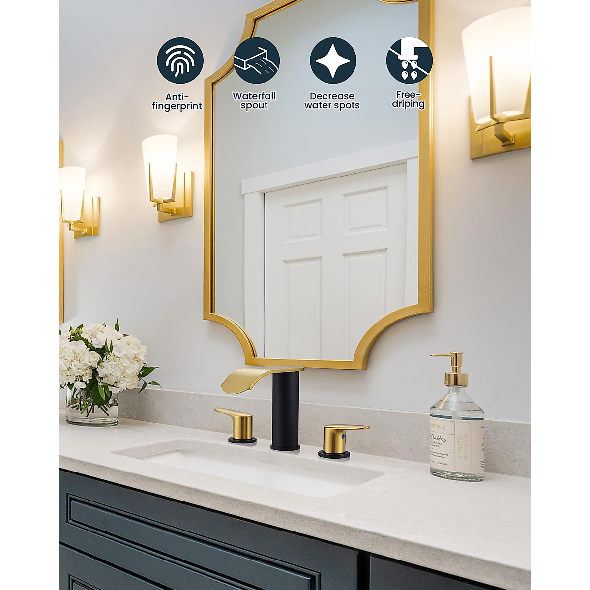 WOWOW Waterfall Bathroom Faucet 3 Holes 8Inch Widespread Bathroom Sink Faucet, Two Handles Lavatory Vanity Sink Faucets with Pop-up Drain & Supply Hoses, Modern Faucet Mixer Taps Black and Gold