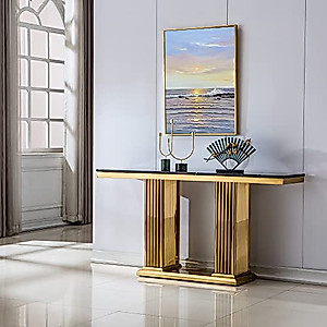 SSLine Real Marble Console Table,Modern Rectangular Luxury Marble Entryway Sofa Table Accent Table with 0.71" Thick Marble Top and Golden Double Pedestal Pillar Stainless Steel Base for Hallway