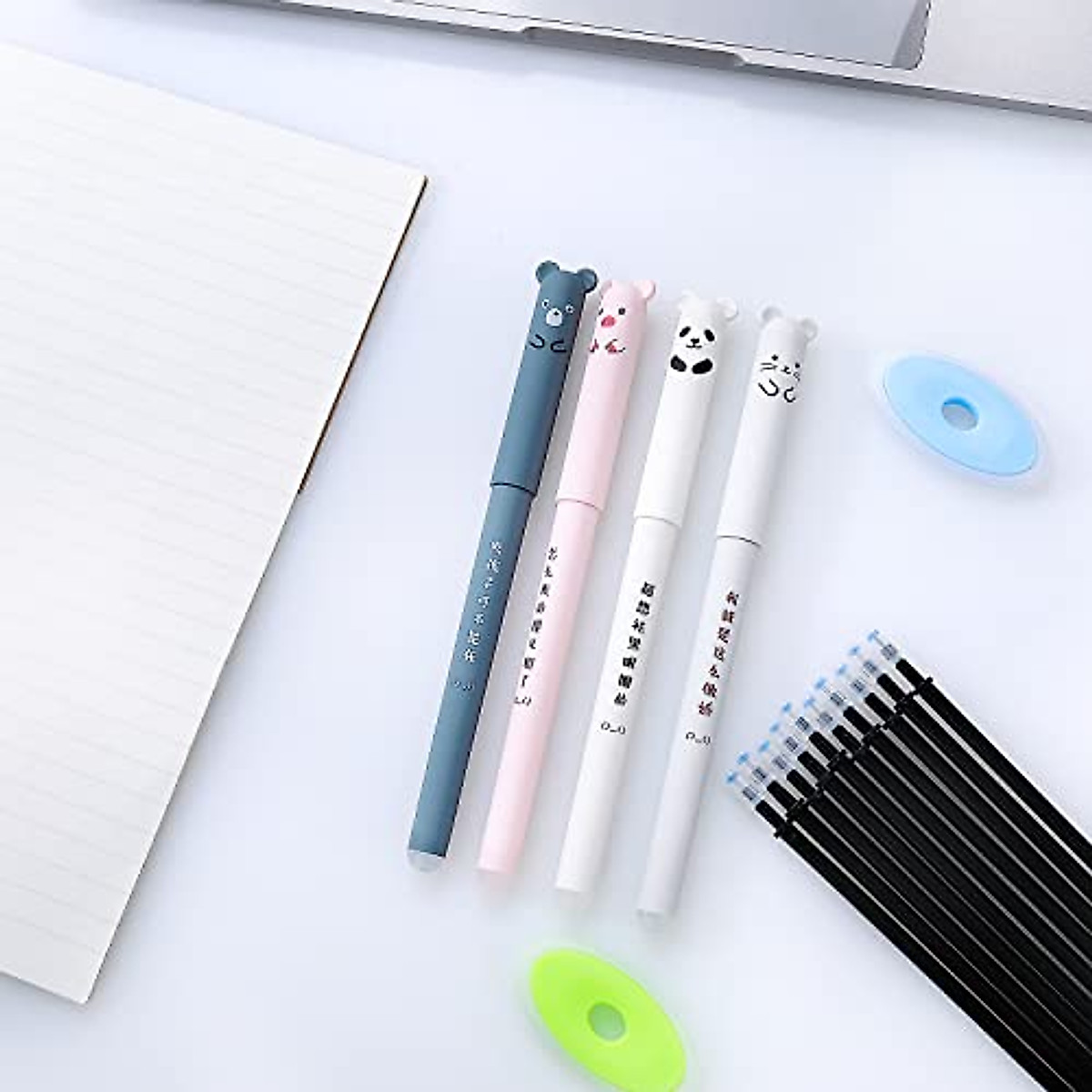 cobee® Erasable Gel Pens, 4 Pieces 0.5mm Erasable Gel Ink Pens with 20 Pieces Refills and 2 Eraser Cute Cartoon Animal Rollerball Pens for Drawing Writing School Office Gift Supplies (Black ink)