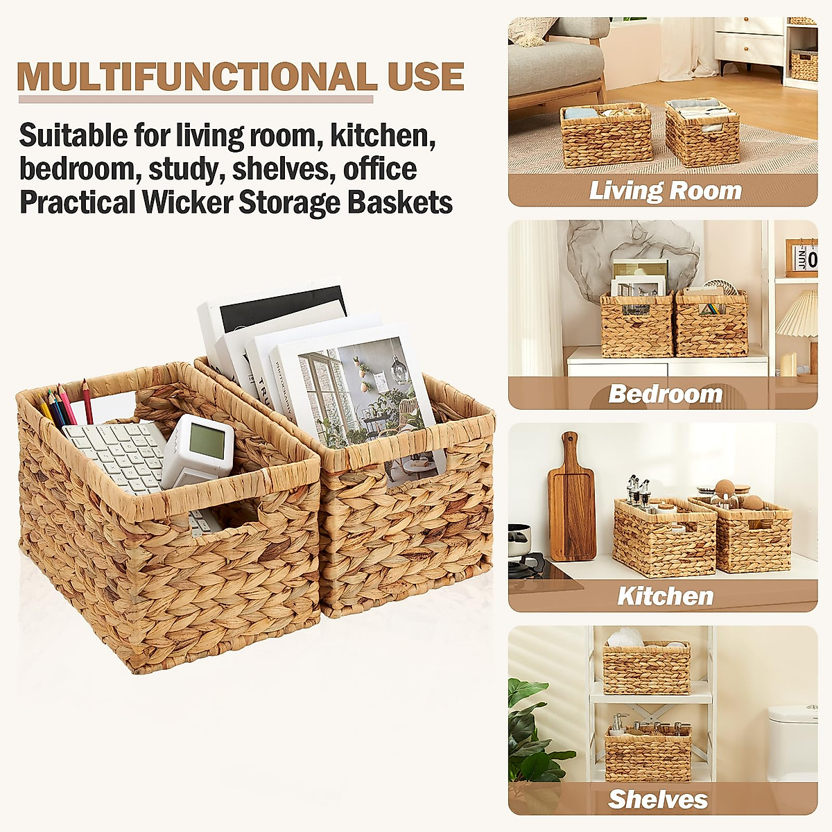 Edergoo Wicker Storage Basket, Water Hyacinth Storage Baskets with Built-in Handles, Large Wicker Baskets for Storage, 2 Pack Wicker Baskets for Organizing, Natural