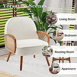 SHINEBOOM Accent Chairs Rattan Comfy Upholstered Modern Arm Chair for Living Room Reading Bedroom Balcony Sherpa Plush Chair, White
