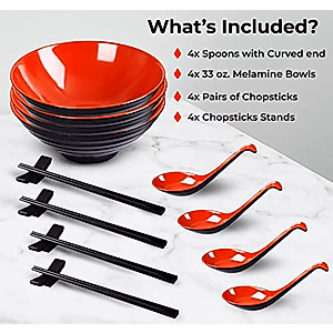 ANNIE'S KITCHEN Japanese Ramen Bowl Set of 4 Naruto Ramen Bowl With Chopsticks and Stands - Large Ramen Bowls Pho Bowls and Spoons Set 16 Piece Melamine (Red)