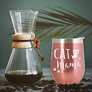Cats Lovers Gift for her - Cat Mama 12 oz Rose Gold Stainless Steel Wine Tumbler/Coffee Cup/Mug/Glass w/Lid & Straw | Funny Sayings Valentine's/Mother's Day present Idea for Women, Sisters, BFF, Wife