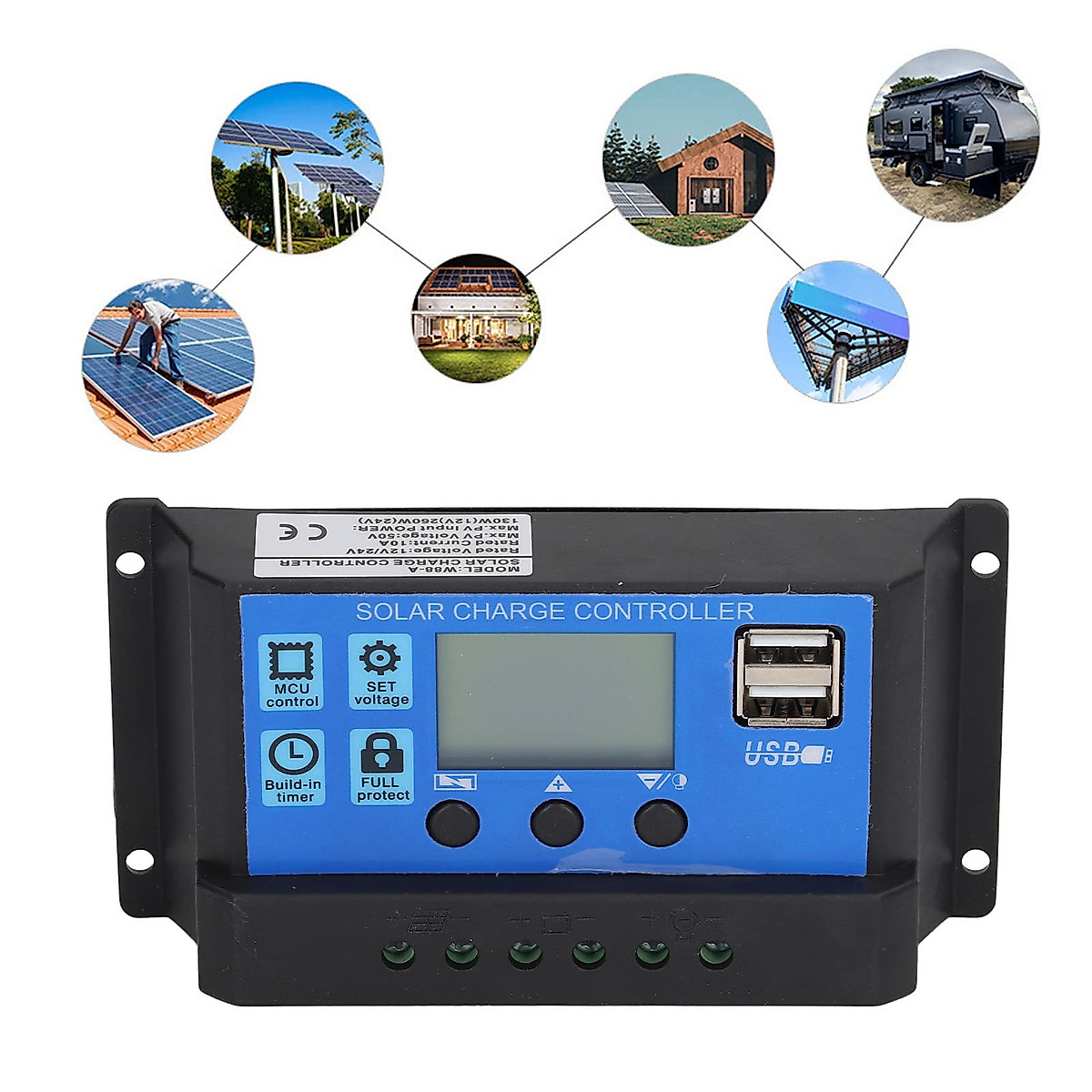 Solar Controller, Solar Battery Regulator 50V Maximum PV Voltage LCD Display PWM Control for Home