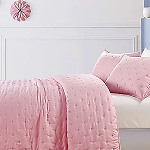 Mocaletto Reversible Quilts Set Queen Size, 3 Piece Pink Quilt with Pillow Shams, Point Pattern Microfiber Bedspread, Lightweight Soft All Season Coverlet for Bedroom,Hotel &Gift