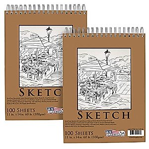U.S. Art Supply 11" x 14" Top Spiral Bound Sketch Book Pad, Pack of 2, 100 Sheets Each, 60lb (100gsm) - Artist Sketching Drawing Pad, Acid-Free - Graphite Colored Pencils, Charcoal - Adults, Students