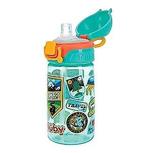 Nuby Kids No Spill Flip-it Adventure and Travel Sticker Water Bottle with Soft Silicone Straw: 18+ Months, 14oz / 420ml