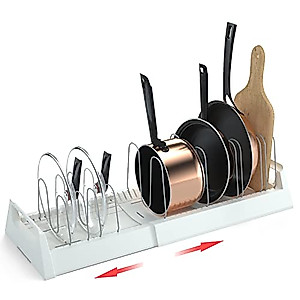 QTOP Expandable Pots and Pans Organizer, Pan Organizer Rack for Cabinet, with 10 Adjustable Compartments for Kitchen Cabinet Pot lid and Pan Cookware Baking Frying Rack,Bakeware Lid Plate Holder