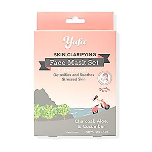yafa Clarifying Face Sheet Masks with Charcoal, Aloe, Cucumber, Soothing and Detoxifying Korean Skincare for Acne Prone or Stressed Skin, Natural Facial Mask Beauty Treatment, Set of 5