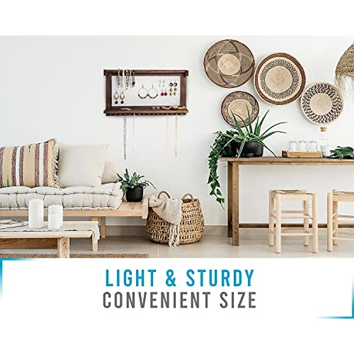 Rustic Jewelry Organizer – Wall Mounted Jewelry Holder with Removable Bracelet Rod, Shelf and 16 Hooks – Perfect Earrings, Necklaces and Bracelets Holder – Vintage Jewelry Display – Torched Brown