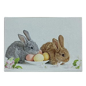 Ambesonne Easter Bunny Cutting Board, Photo of Two Easter Rabbits Grey and Brown with Flowers and Eggs Spring Time, Decorative Tempered Glass Cutting and Serving Board, Small Size, Multicolor