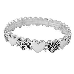Gypsy Jewels Heart Designer Look Silver Tone Black Swirl Statement Stackable Simple Stretch Bracelet (Smooth & Swirl)