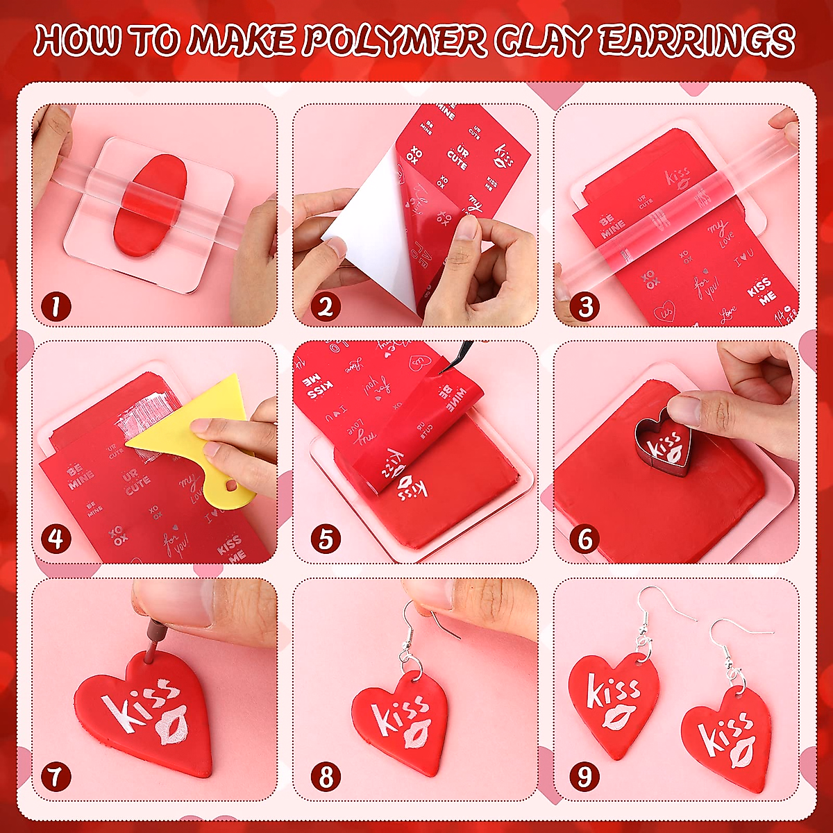 Rumia 114Pcs Polymer Clay Earring Making Kit: 6 Stencils, 9 Colors & Shapes, Tools & Accessories - Valentine's Day Gift