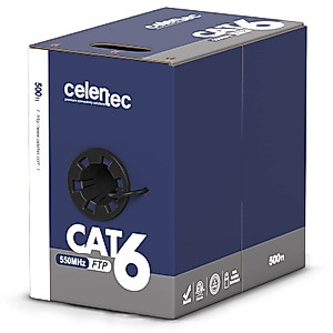 celertec CAT6 Shielded Cable, 500ft, FTP (Overall Foil Shield), 23AWG Solid Bare Copper, 550MHz, ETL Listed &CMR Riser Rated, Indoor, Bulk Ethernet Cable, Black