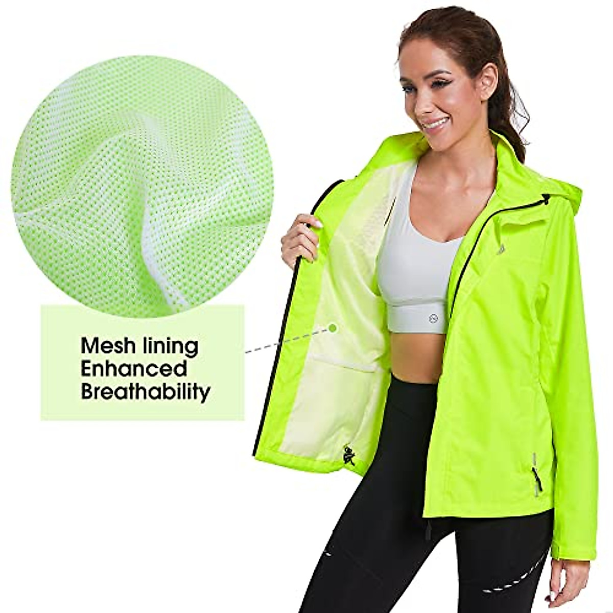 FitsT4 Sports Women's Waterproof Cycling Running Jackets Mesh Lined Rain Jacket Lightweight Bike Windbreaker with Hood Fluorescent Yellow Size S
