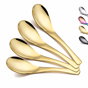 Kyraton Gold Soup Spoons 4 Pieces, Stainless Steel Titanium Plating Thick Heavy Weight Table Spoons, Asian Chinese Japanese Spoon Set for Cereal Ramen Dishwasher Safe