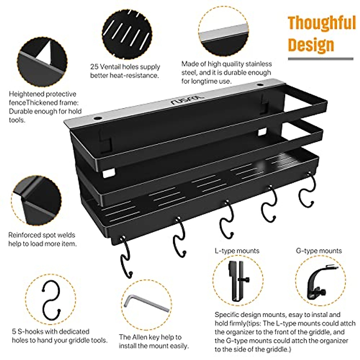 RUSFOL Upgraded Stainless Steel Griddle Caddy for Royal Gourmet 24'' Charcoal&Propane Gas Griddles, with an Allen Key, Space Saving BBQ Accessories Storage Box, Free from Drill Hole&Easy to Install