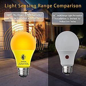 GONHOM A19 Dusk to Dawn Bug Light Bulbs Outdoor, Yellow LED Bug Light Bulb 10W (100W Equivalent), Photo Sensor, Auto On/Off, Amber Bug Lights for Outside Porch Garage Patio 4 Pack