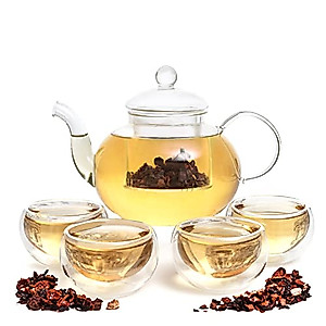 Moss & Stone 6 PCS Glass 27oz Tea Kettle Infuser Gift Set,Borosilicate Glass Teapot With Removable Glass Strainer, & 4 Cups Of 2.7 oz, Teapot With Strainer