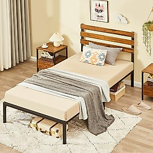 GreenForest Twin Bed Frame with Wooden Headboard Platform Bed with Metal Support Slats NO-Noise Heavy Duty Bed Industrial Country Style with 9 Strong Legs No Need Box Spring, Twin