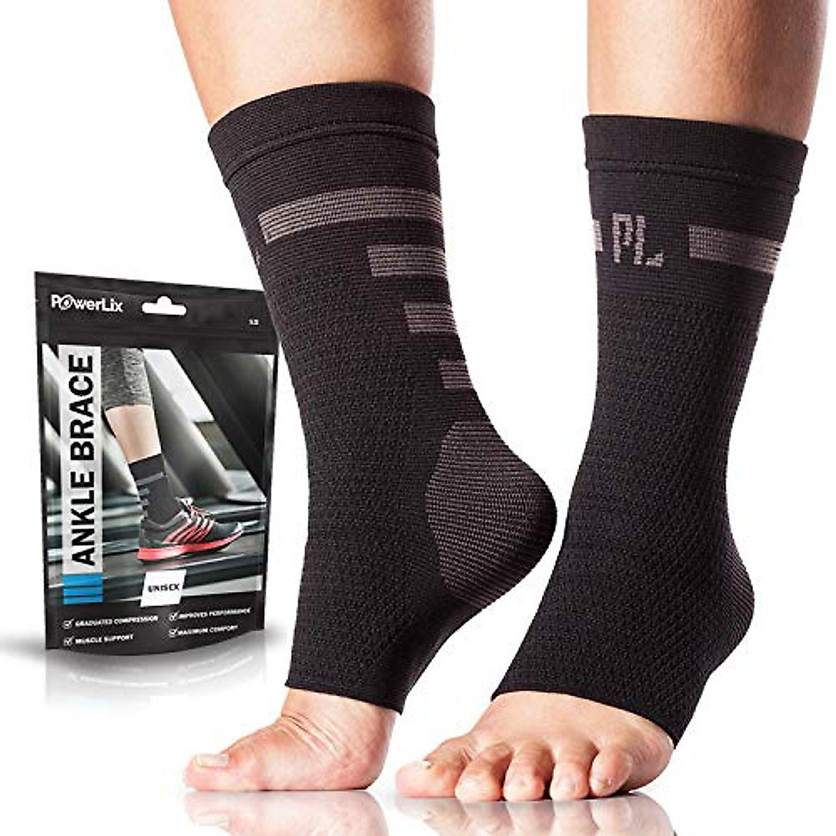 POWERLIX Ankle Orthopedic Brace Compression Support Sleeve (Pair) for Arthritis,Pain Relief,Plantar Fasciitis,Tendon,Tendonitis,Swelling,Muscle (Black-2, Large)