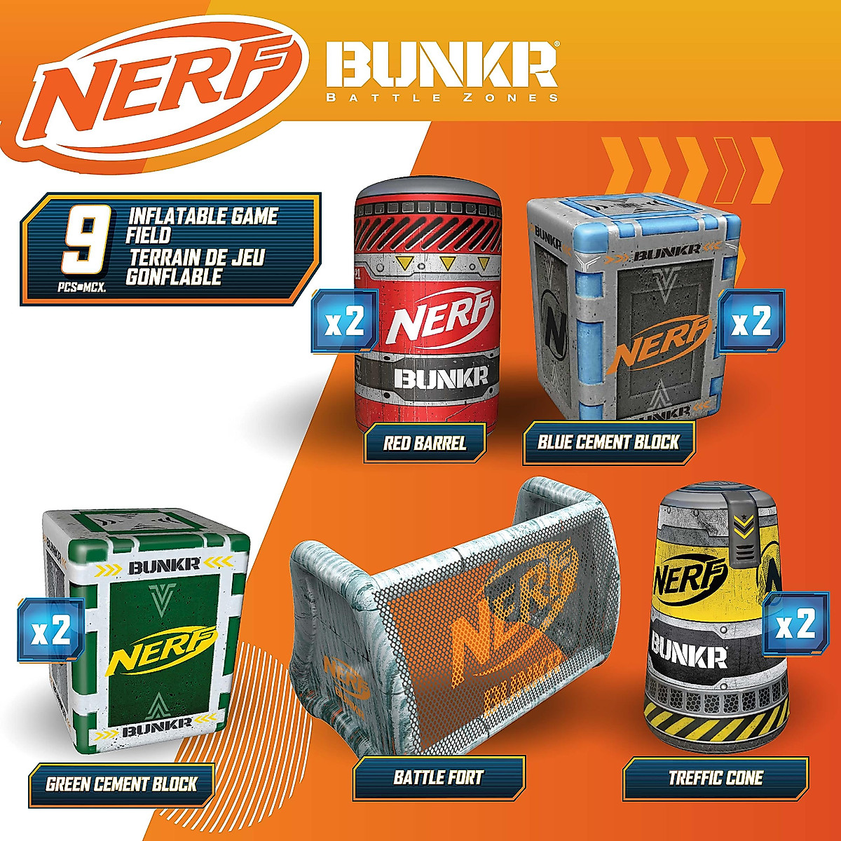 NERF BUNKR Officially Licensed Stadium Pack Inflatable Battlezone - 9 Piece Barricade Shield Bunker Set - Perfect for NERF Party NERF War