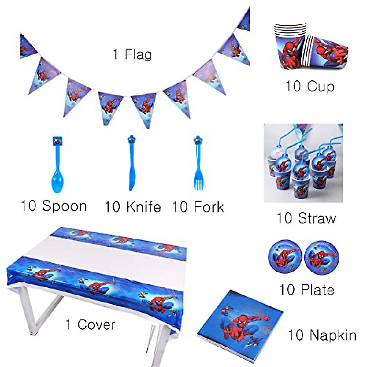 LOVSONG 72 PCS Spider Party Supplies Set Birthday Party Supplies Set Spider Table Cover Set - Serves 10 - Banner Flag , Spider Table Cover, Plates, Spider Cups, Napkins, Fork, Spoon, Knife, Straw