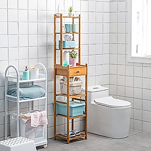Yinanroa Bamboo Bathroom Storage Shelf 7-Tier Corner Bakers Rack Bathroom Storage Organizer Detachable Narrow Shelf Multifunction Storage Rack