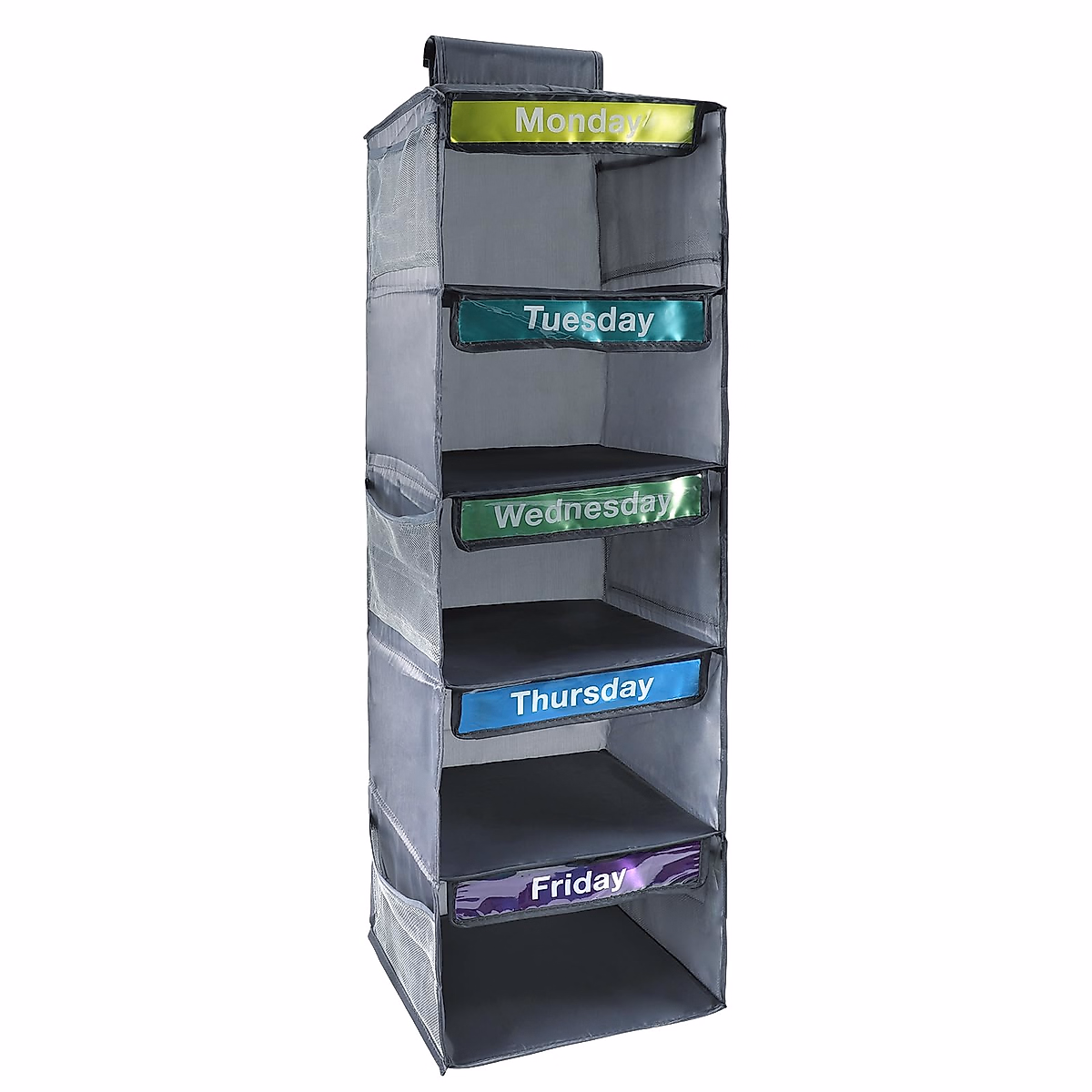 Yuuchoringee 5-Shelf Weekly Clothes Organizer for Kids Days of The Week Hanging Storage Shelves Dorm Room Essentials Daily Shelf Hanging Closet Organizer with 6 Side Pockets…