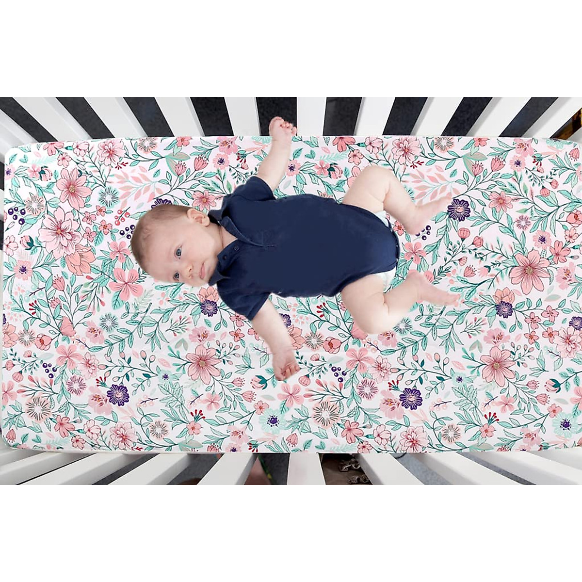 Jupeollon Crib Sets for Girls Giraffe Floral Baby Nursery Crib Bedding Set for Girl Toddler 4Piece Included Crib Comforter Fitted Sheet Crib Skirt Blanket Pink White