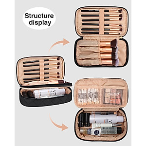 Relavel Makeup Bag, Small Makeup Bag for Women, Travel Cosmetic Bag, 2 Layers Waterproof Makeup Organizer Storage with Makeup Brush Holder, Black