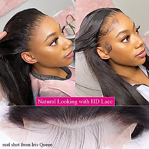Iris Queen 13x4 HD Straight Lace Front Wigs Human Hair Pre Plucked 12A 180 Density Transparent Lace Frontal Human Hair Wigs for Black Women with Baby Hair Natural Black Color (20 inch)