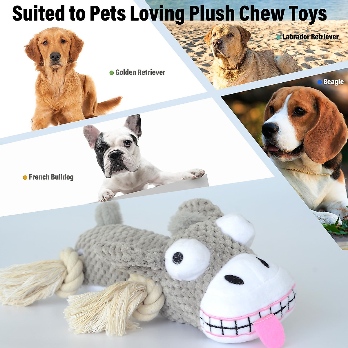 Squeaky Dog Toys for Large Dogs, Indestructible Dog Toys for Aggressive Chewers, Plush Stuffed Pet Dog Toys with Crinkle Paper, Keep Them Busy -Gray