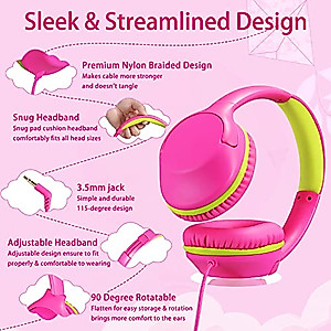 POWMEE Kids Headphones Over-Ear Headphones for Kids/Teens/School with 94dB Volume Limited Adjustable Stereo 3.5MM Jack Wire Cord for Fire Tablets/Travel/PC/Phones(Rose Red)