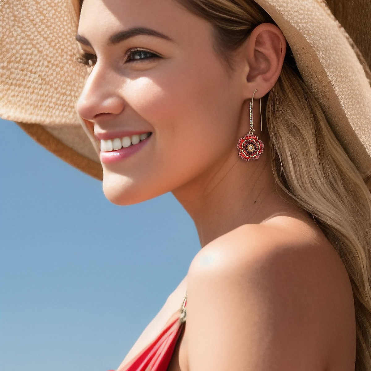 BriLove Fashion Elegant Rhinestone Enamel Rose Flower Hook Dangle Earrigns for Women Ruby Color Gold-Toned