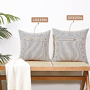 Farmhouse Button Pillow Covers 18 x 18, Black and Beige Striped Patchwork Pillow Covers, Set of 2 Modern Accent Square Couch Pillow Cases, Decorative Pillowcases with Buttons for Sofa Couch Bed