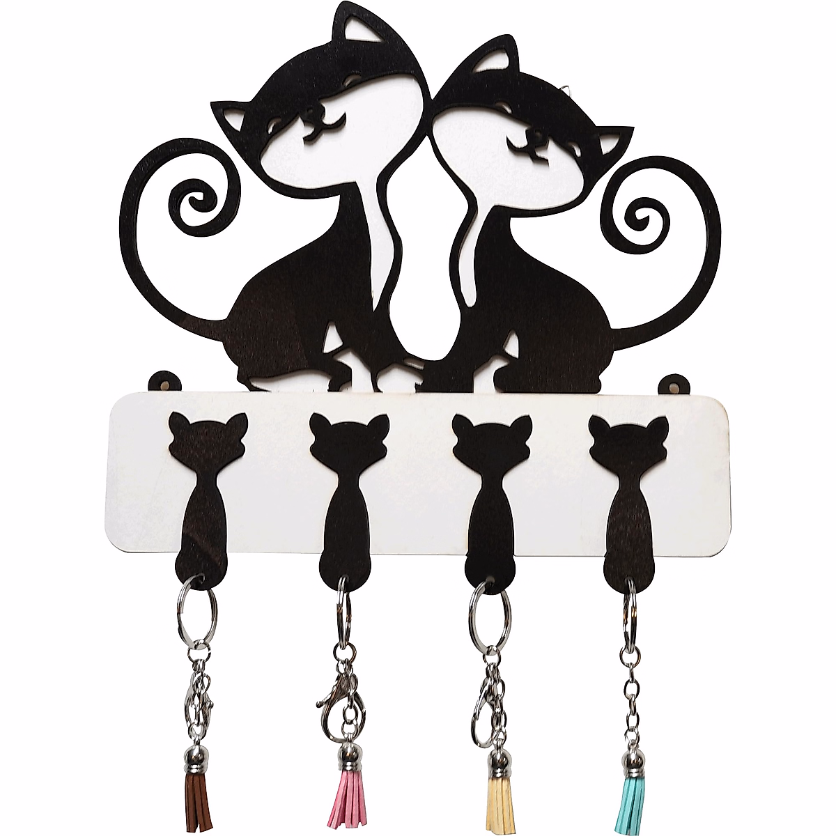ARCORP Wooden Cat Key Holder for Wall with Four Cute Keychains, Mounting Hardware - Decorative Handcrafted Cat Puzzle Key Organizer and Home Decor - Eco-Friendly Wood Key Hanger