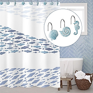 Sunlit 12-Piece Aqua Blue Resin Shower Curtain Hooks, Ocean Creatures Coastal Design, Nautical Bathroom Decoration