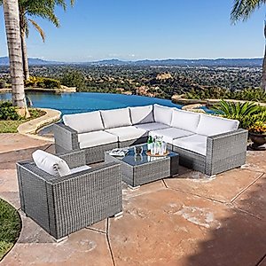 Christopher Knight Home Santa Rosa Outdoor Wicker 6-Seater Sectional Sofa Set with Aluminum Frame and Water Resistant Cushions, 7-Pcs Set, Grey / Silver Grey