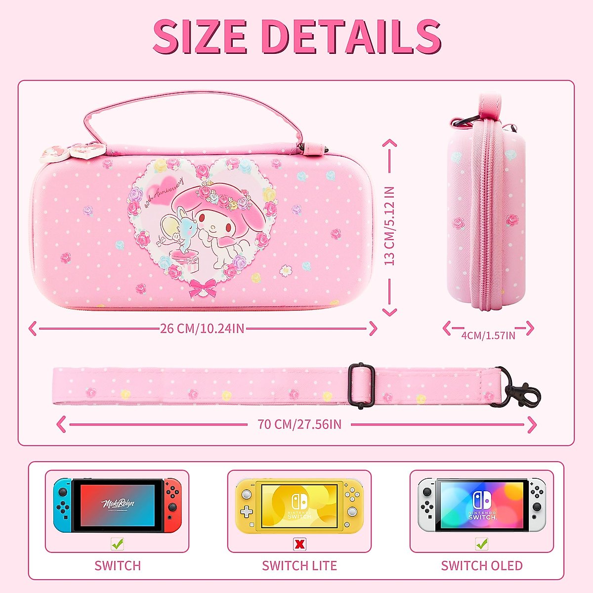 FUNDIARY Cute Bunny Carrying Case for Nintendo Switch and Switch OLED, Pink Portable Travel Case Built-in 10 Game Card Slots for Switch Console Joycon & Accessories with Shoulder Strap and 2 Thumb Cap