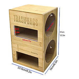 Antallcky Bamboo Trash Bag Dispenser Roll Holder 13 Gallon 2 Rooms,Garbage Bag Storage Dispenser Organizer Wall Mount or Under Sink for 2 Rolls of Plastic Bags(Up to About 160 Bags)