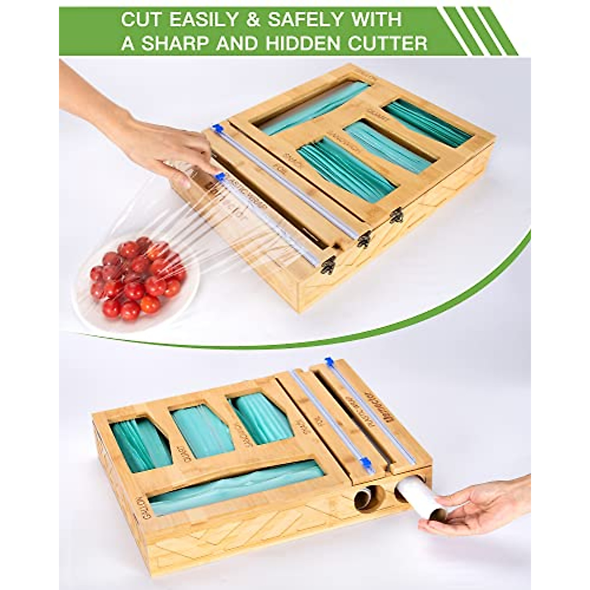 Uamector 6 In 1 Foil and Plastic Wrap Organizer, Ziplock Bag Organizer for Kitchen Drawer, Plastic Wrap Dispenser with Cutter, Bamboo Bag Storage Organizer for Gallon, Quart, Sandwich