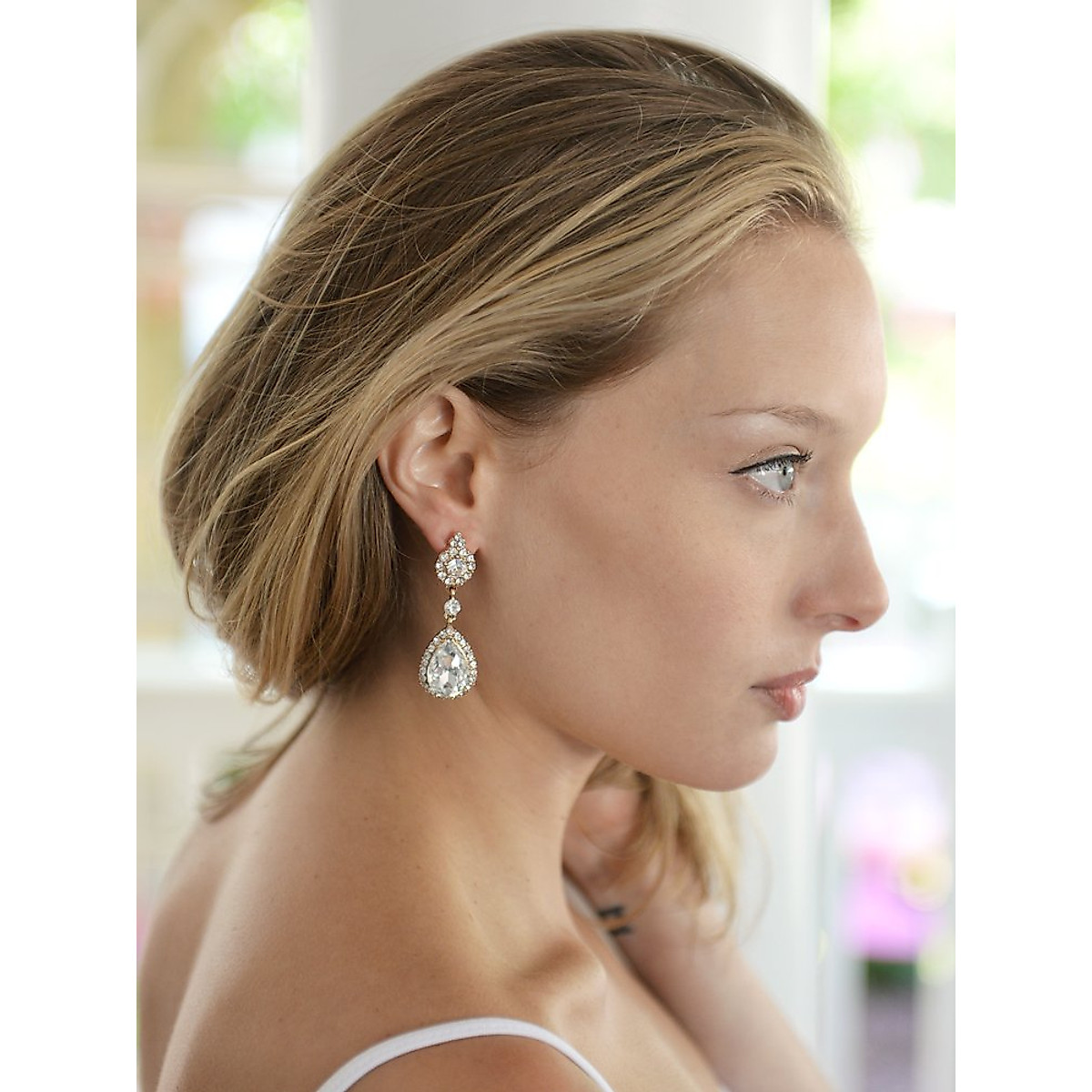 Mariell Gold Clip-On Earrings with Austrian Crystal Teardrop Dangles - Prom & Bridal Chandelier Clip Ons